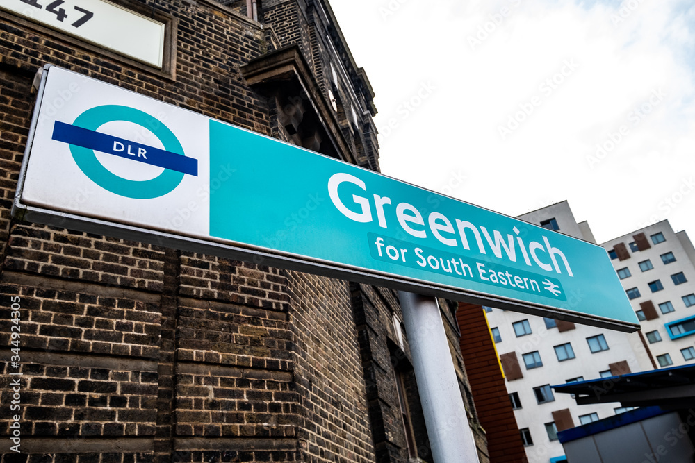 LONDON- Greenwich Station platform and sign- a railway terminal in ...