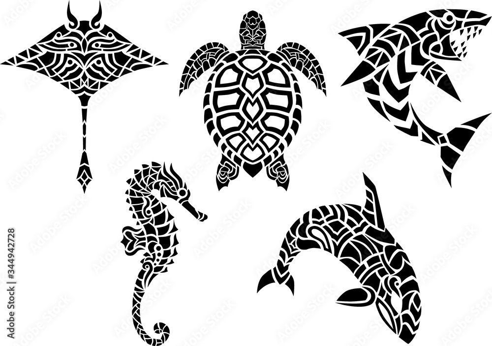 Vetor de Tribal ocean marine animal silhouette design isolated set do ...