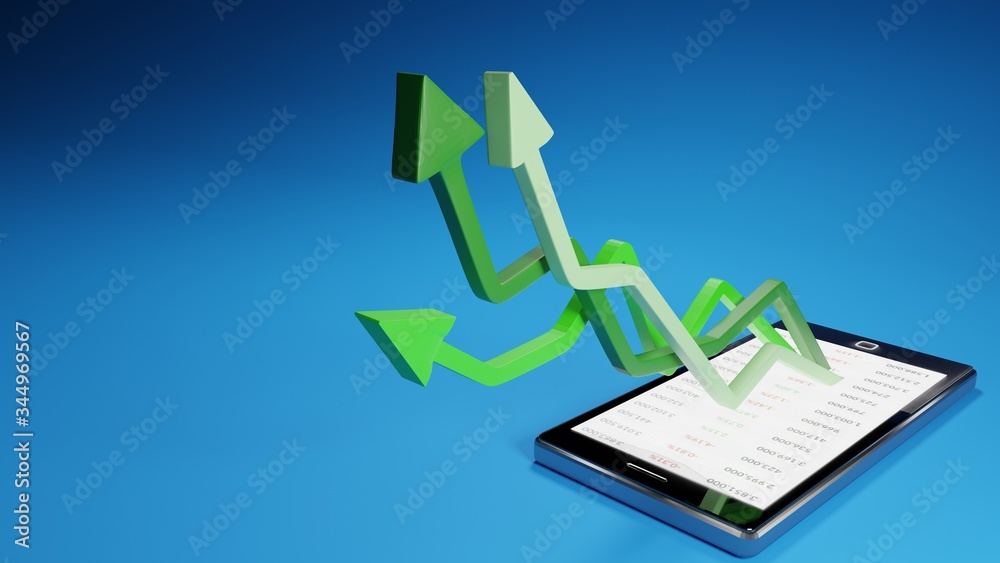 Stock market gains using a mobile device. Green arrows rising from a ...