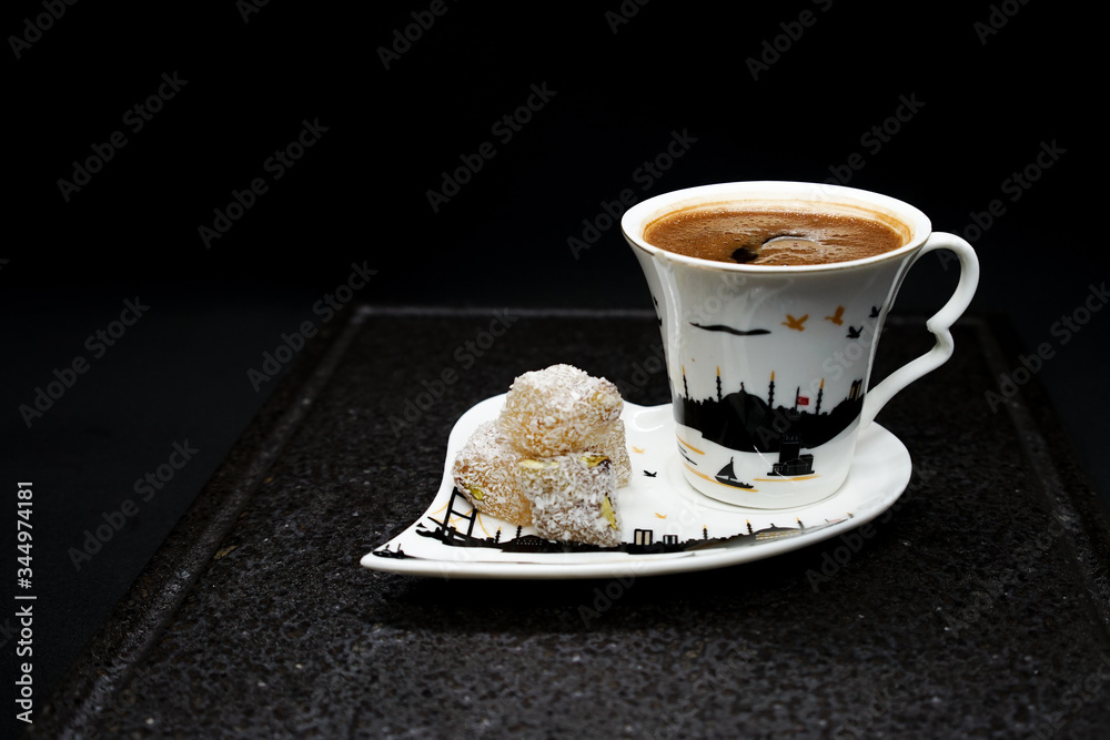 traditional Turkish coffee with Turkish delight. heart shaped saucers ...