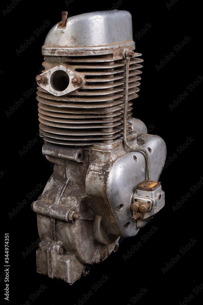 Old slightly dirty motor speedway motorcycle. Single-cylinder engine ...
