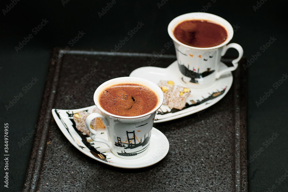 traditional Turkish coffee with Turkish delight. heart shaped saucers ...