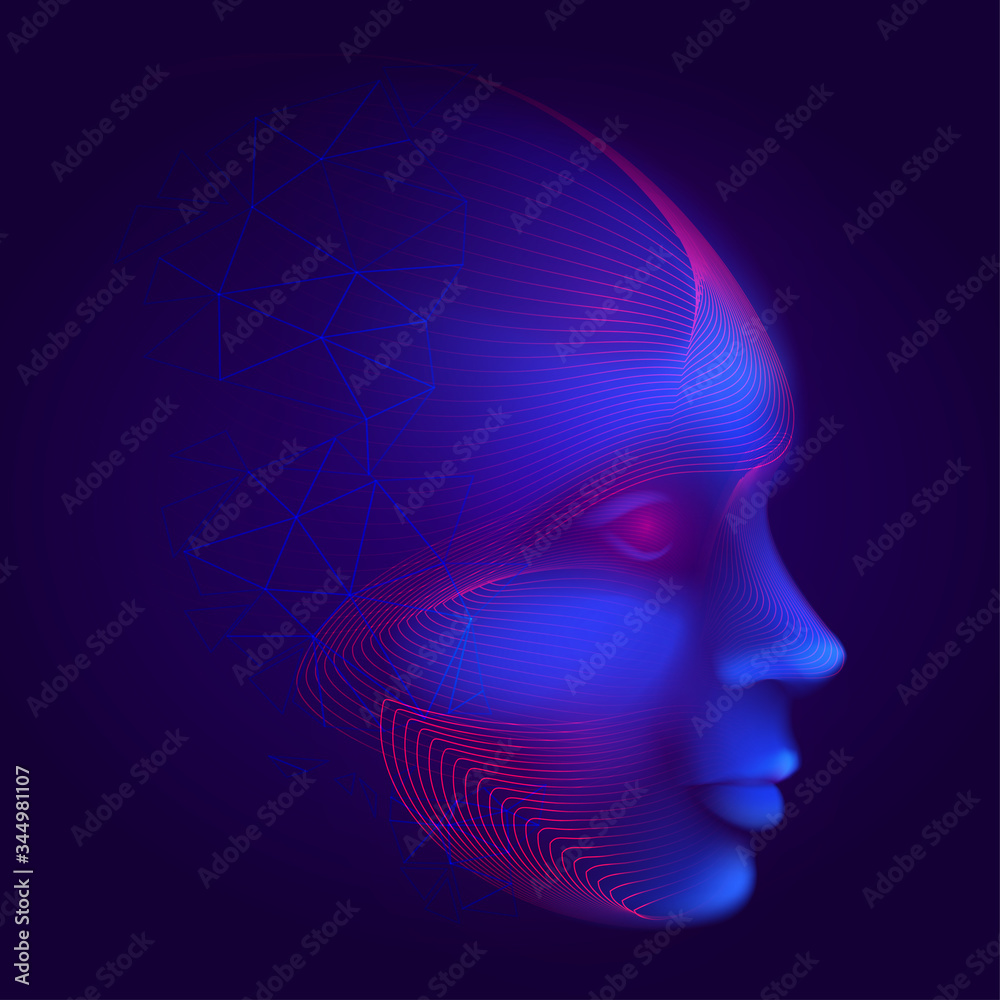 Cyber robotic human face consisting of lines, mesh and polygons ...