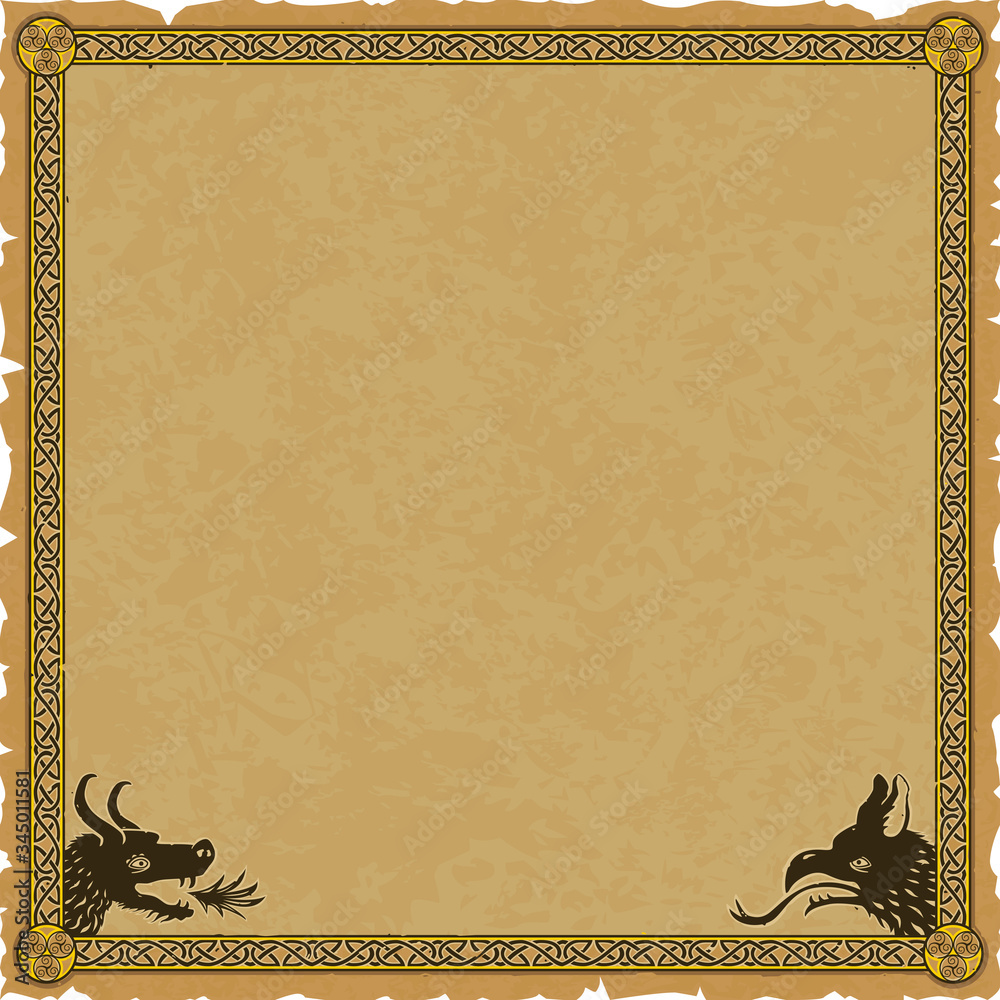 Ornate medieval fantasy frame with a knot pattern, a dragon head and a ...