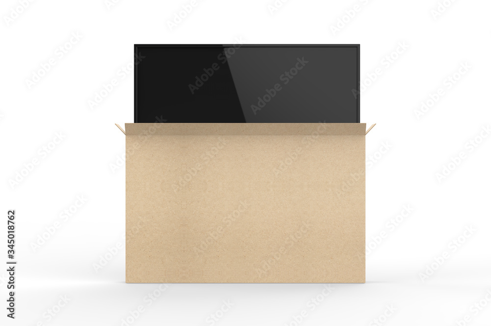 LED tv with heavy duty cardboard box packaging for branding, 3d render ...