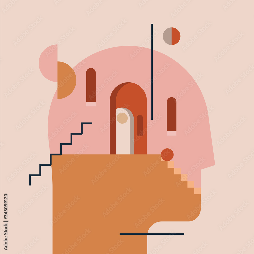 Inner world. Thinking process. Open mind. Humans head silhouette with ...