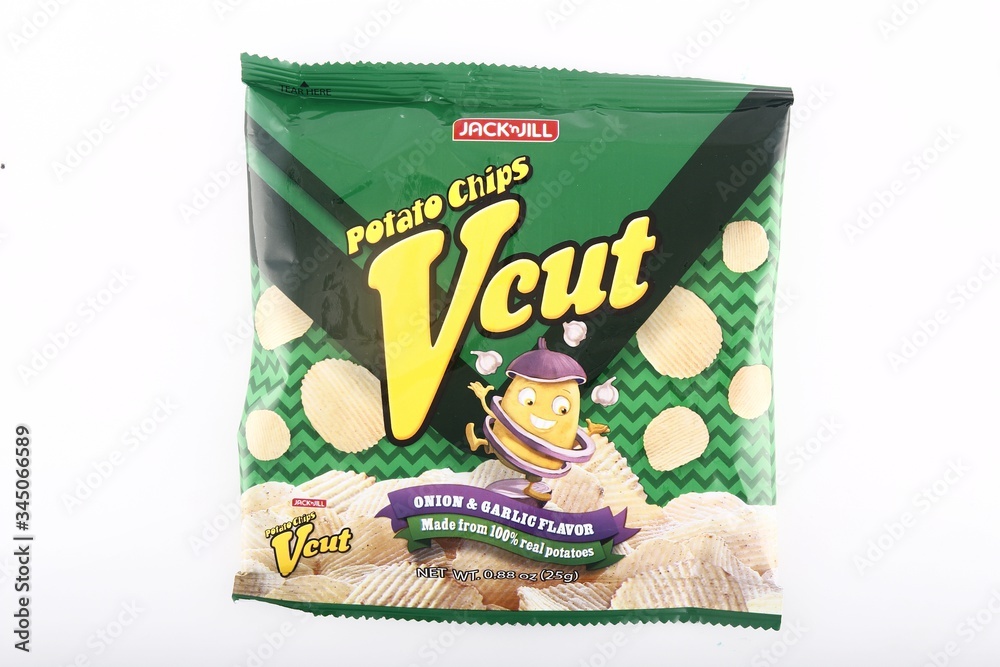 Bag of V cut potato chip snack on an isolated white background Stock ...