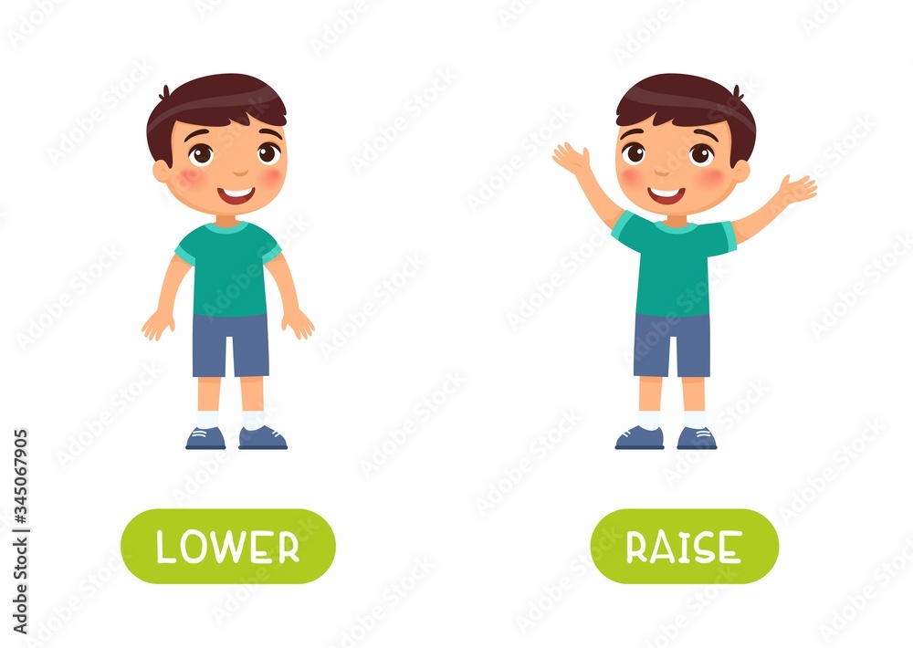 Raise and lower antonyms flashcard vector template. Word card for ...
