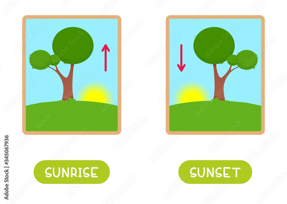 Antonyms concept, SUNRISE and SUNSET. Educational flash card template ...