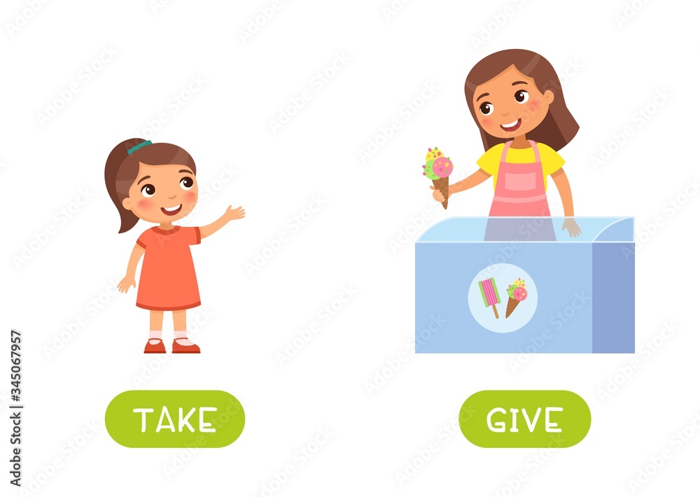 Opposites concept, GIVE and TAKE. Word card for language learning ...