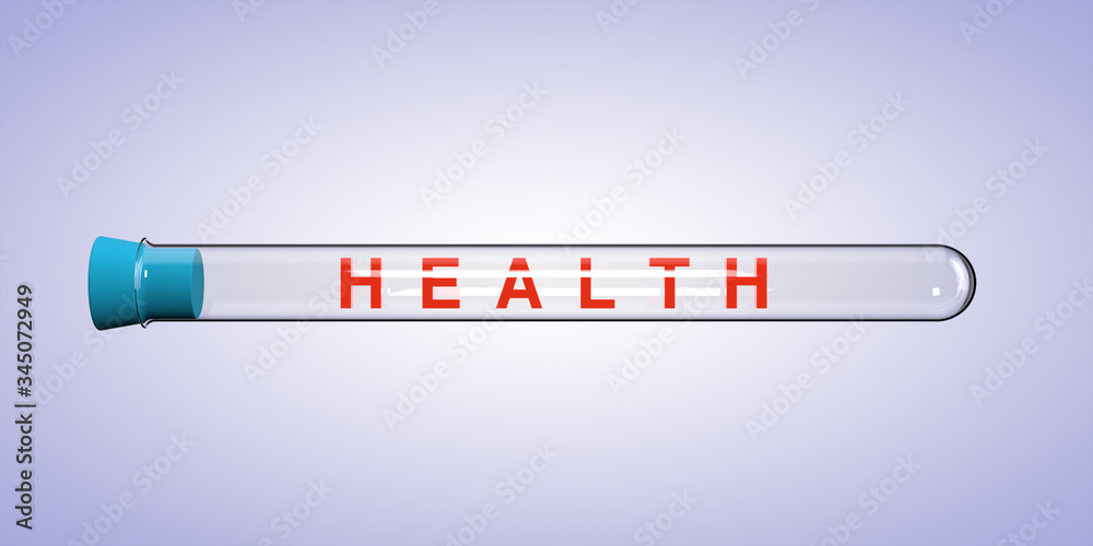 Laboratory test tube with a blue stopper. Red label health inside a ...
