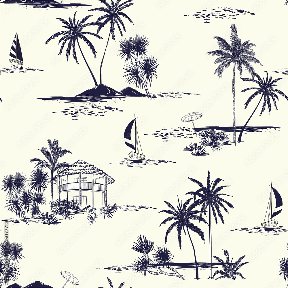 Trendy hand drawn island vector seamless pattern vintage mood wih sea ...