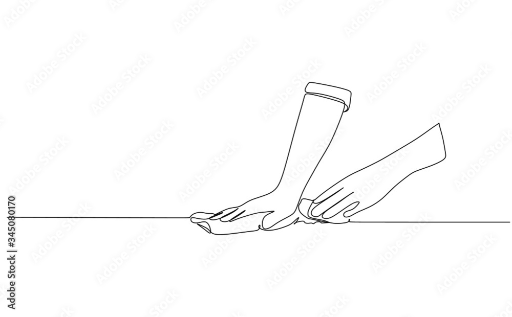 Continuous one line drawing show hands cleaning desk using rag duster ...