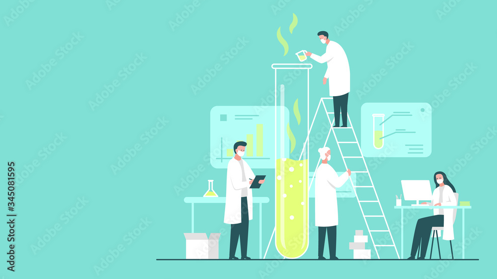 Vector concept illustration of a team of scientists wearing masks doing ...