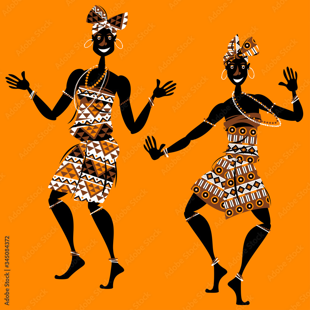 African ritual dance. Two dancing women in traditional costumes. Stock ...