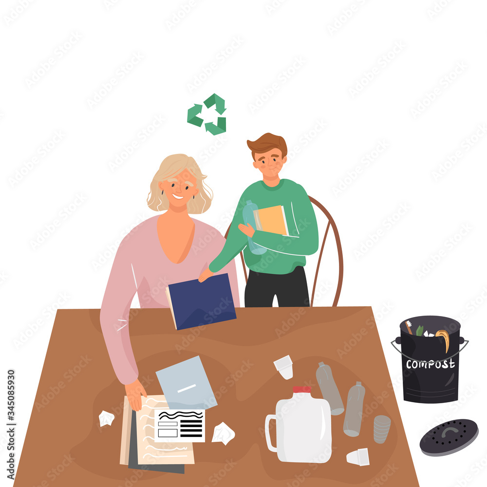 Cute vector mom and son who sort the waste to take it to recycling ...