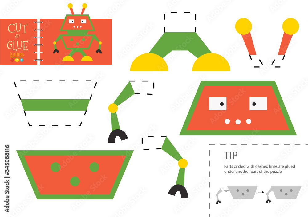 Cut and glue paper toy. Preschool kids vector educational worksheet ...