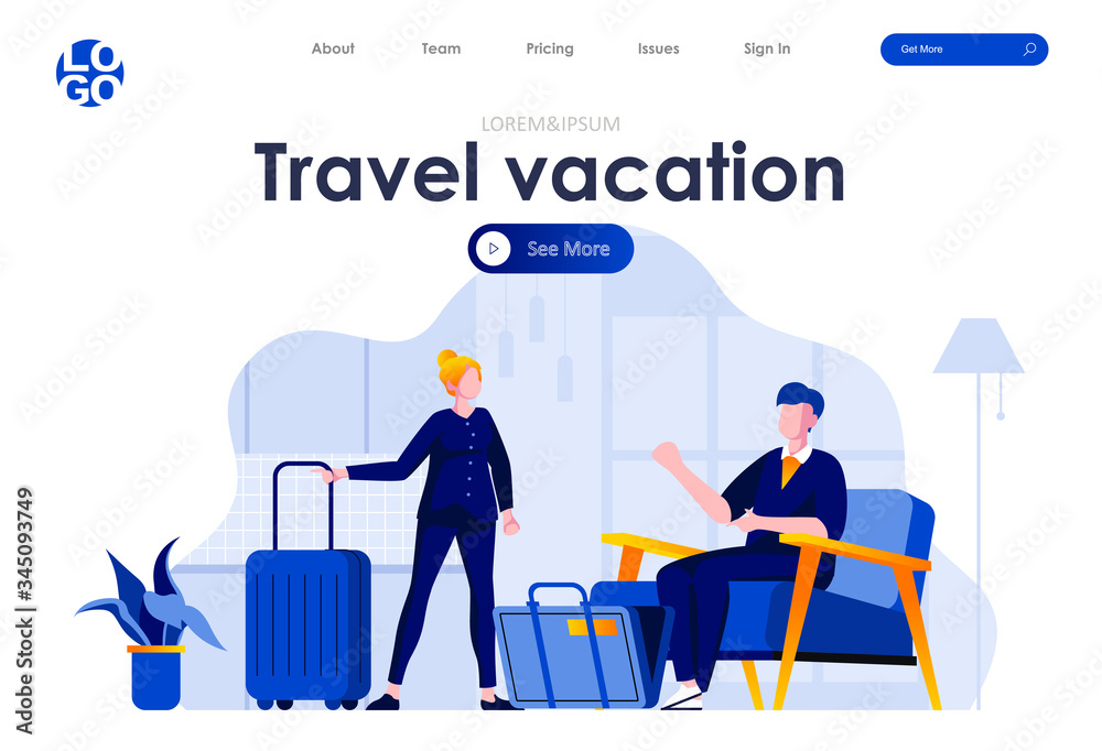 Travel and vacation flat landing page design. Young couple packing ...