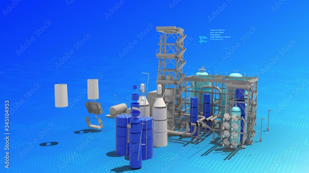 An assembled model of a factory building, a bird's eye view on a blue ...