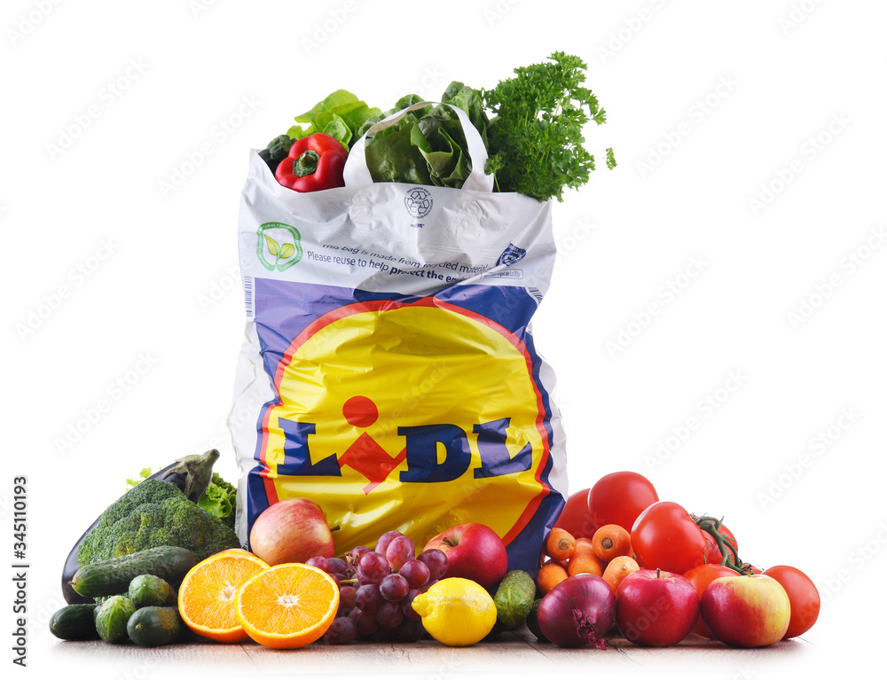 Original Lidl plastic shopping bag and products Stock Photo | Adobe Stock
