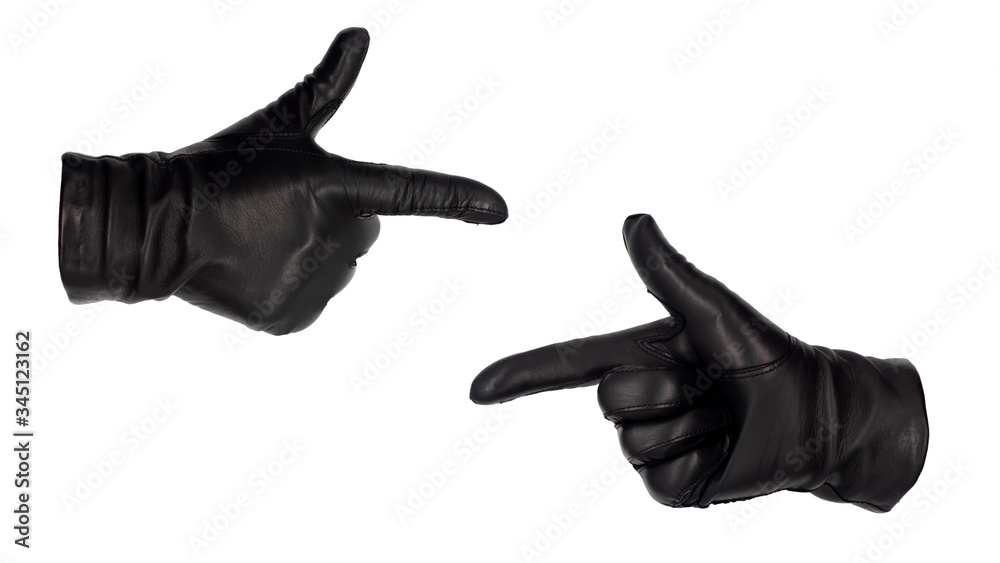 Hands wearing black leather gloves make the finger guns or pointing ...