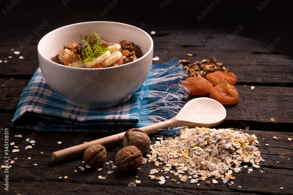 instant oatmeal. healthy food for weight loss. sprinkle with dried ...