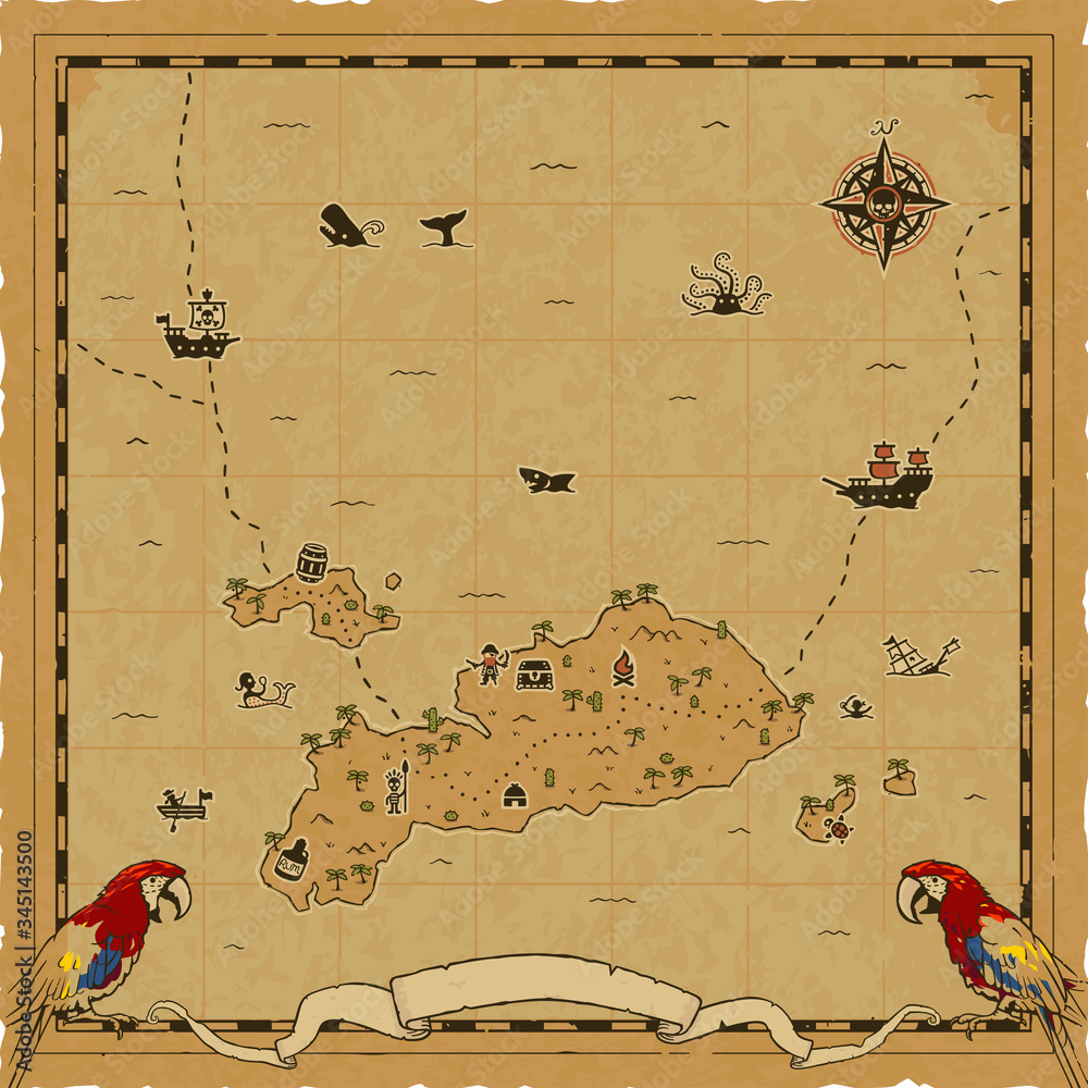 Vector treasure map on a worn parchment paper. Includes a nautical ...