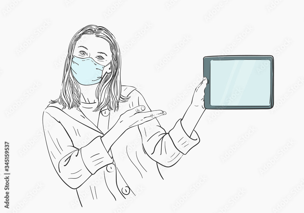 Coronavirus prevention illustration. Sketch of woman wearing medical ...