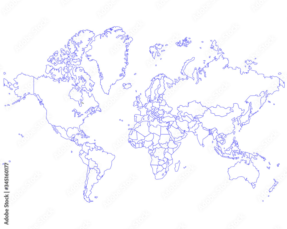 Detailed outline world map with the continents and countries. Vector ...