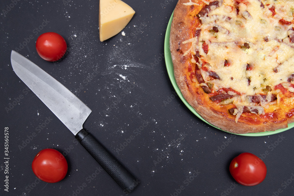 pizza, mozzarella, tomato, ingredient, black background, slice, italian ...