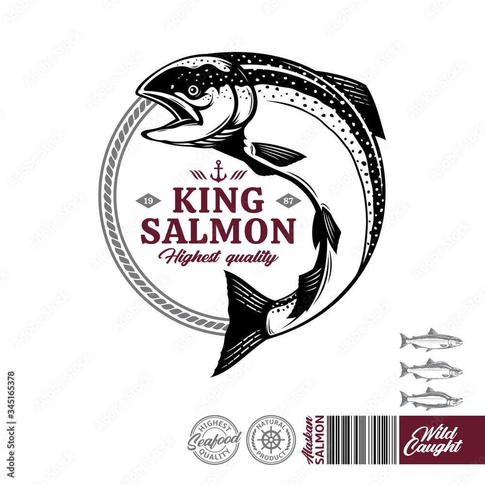 Alaskan king salmon logo. Atlantic, sockeye and pink salmon ...