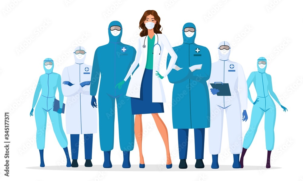 Hospital workers in medical masks and uniforms. Vector illustration ...