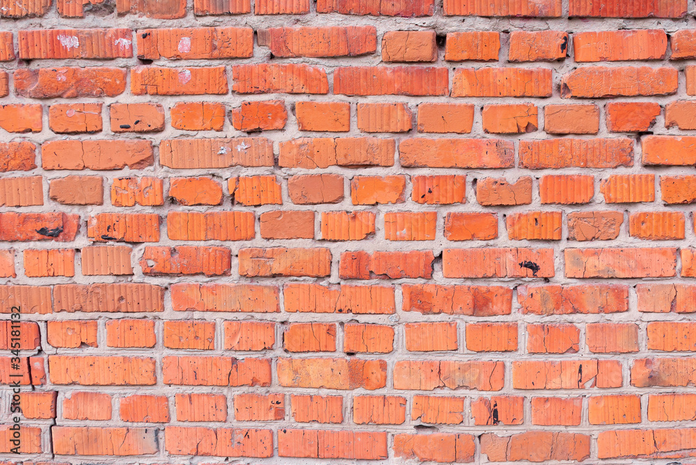 Texture of old crumbling red brick wall with cement mortar. Background ...