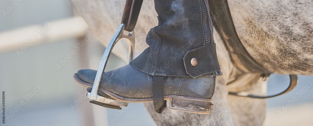 Horse rider foot foot in horse stirrup, close-up. Horse theme Stock ...