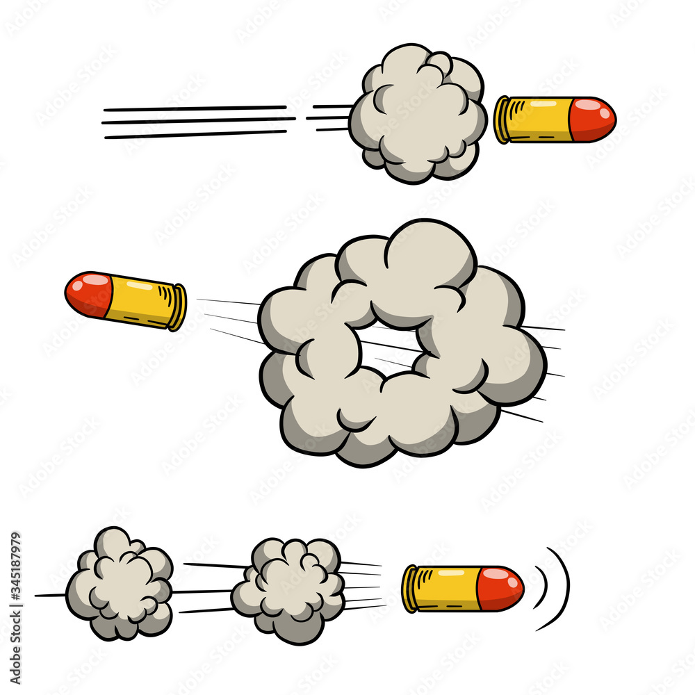 Shot from gun. Flying Bullet. Set Funny comic element. Cloud and smoke ...