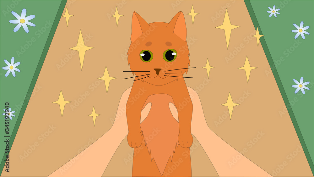 Cartoon hands holding a red cute cat in the park. Colorful cartoon ...