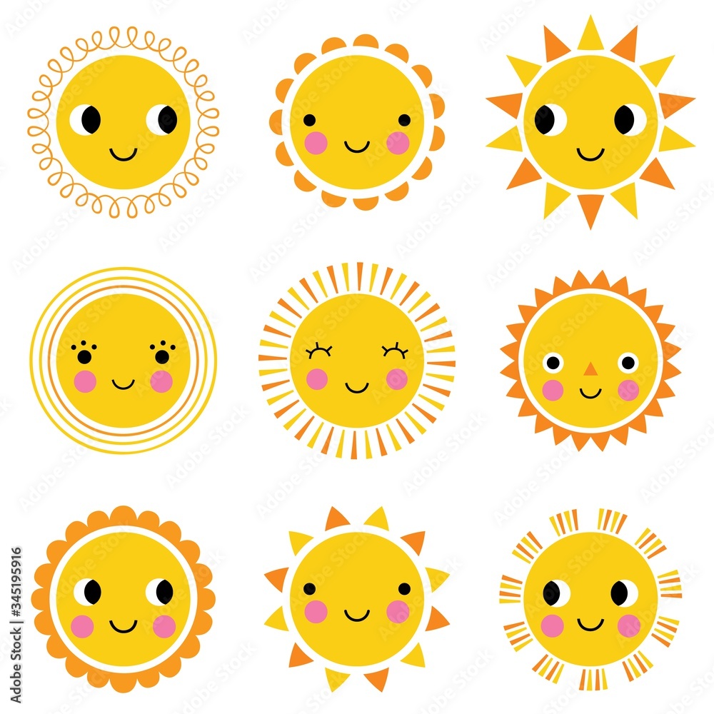 Happy cute cartoon sun characters, vector set Stock Vector | Adobe Stock
