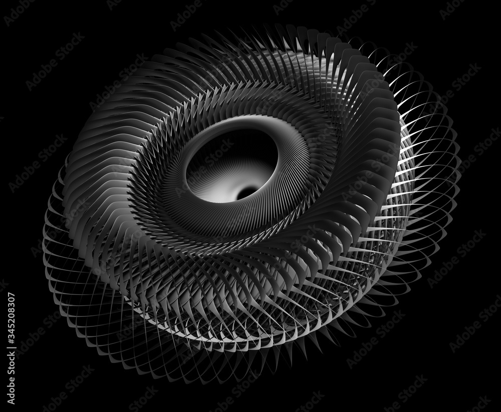 3d render of abstract black and white art with surreal 3d turbine ...