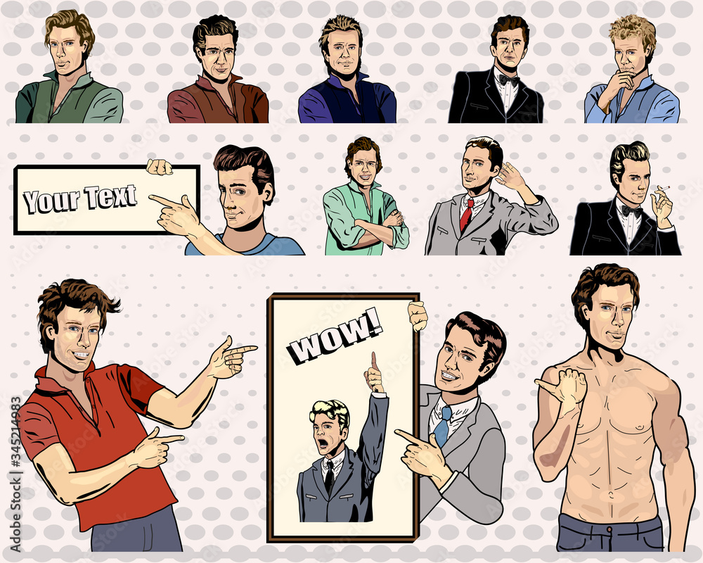 Vetor de Vector Retro Men - Fictional Characters with Signs and Poses ...