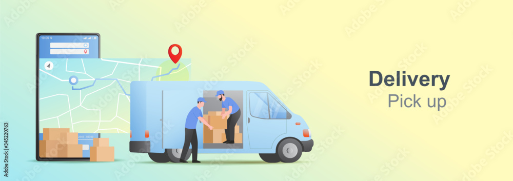 Mobile online pickup and delivery concept. Online order tracking on ...