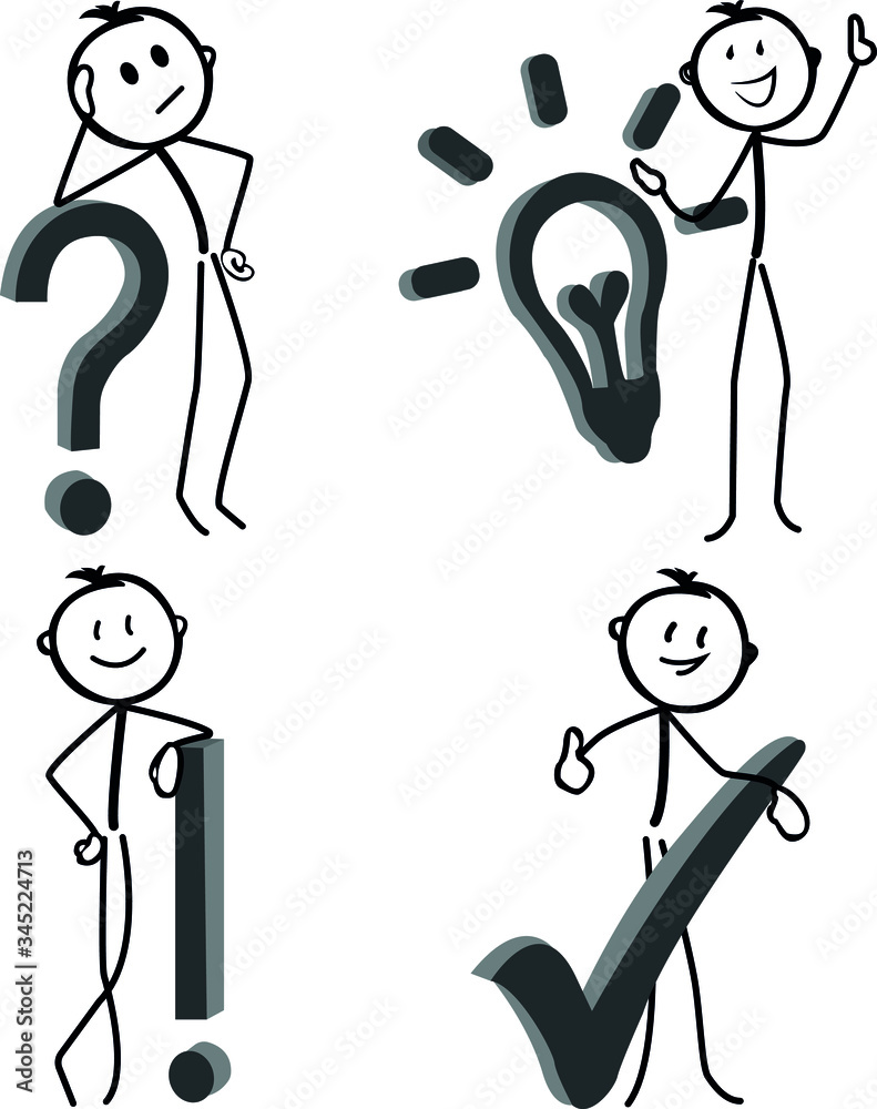 stick figure in action stickman with exclamation,question,check mark ...