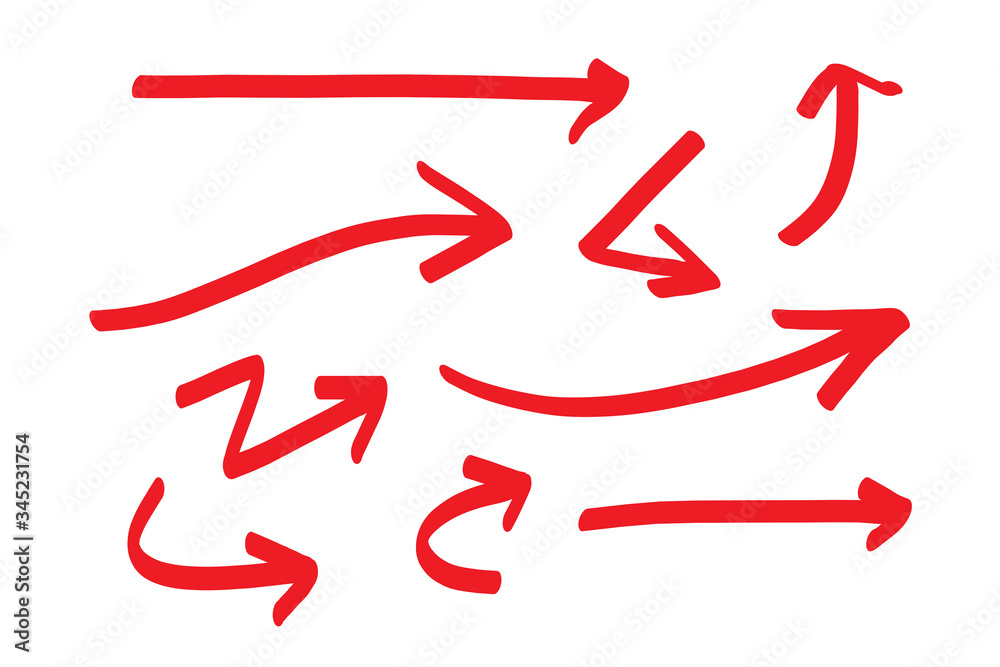 Hand drawn red arrows doodle direction mark. Handmade sketch symbols ...