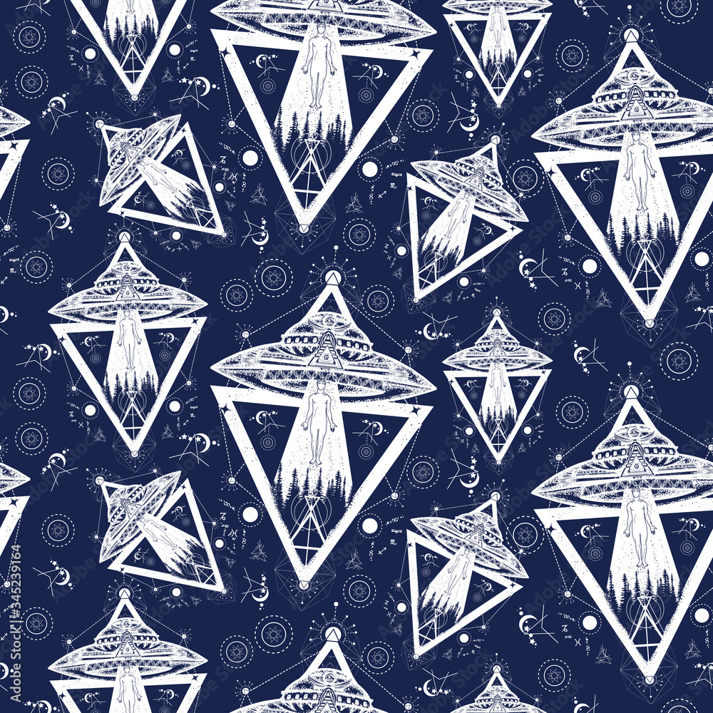 Vettoriale Stock Ufo aliens kidnapped person. Seamless pattern. Packing ...