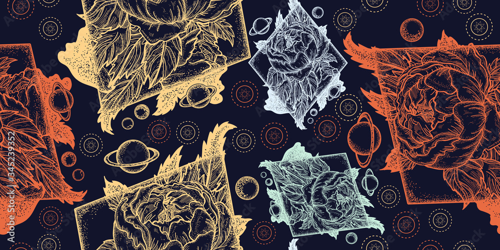 Esoteric rose. Seamless pattern. Packing old paper, scrapbooking style ...