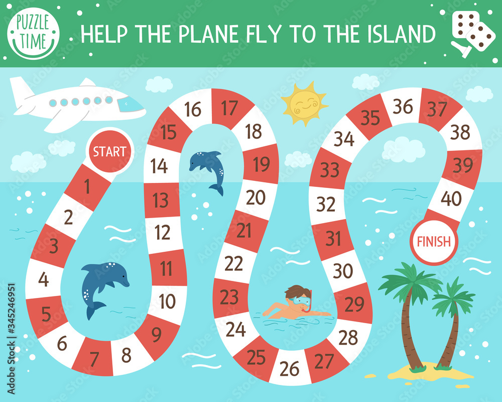 Summer adventure board game for children with airplane, palm trees ...