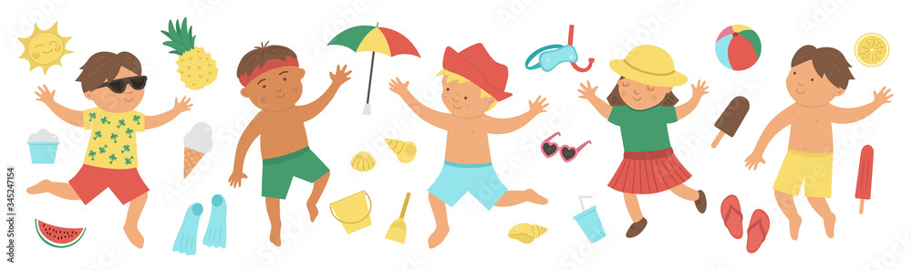 Vector summer set with children in swimming suits with beach objects ...