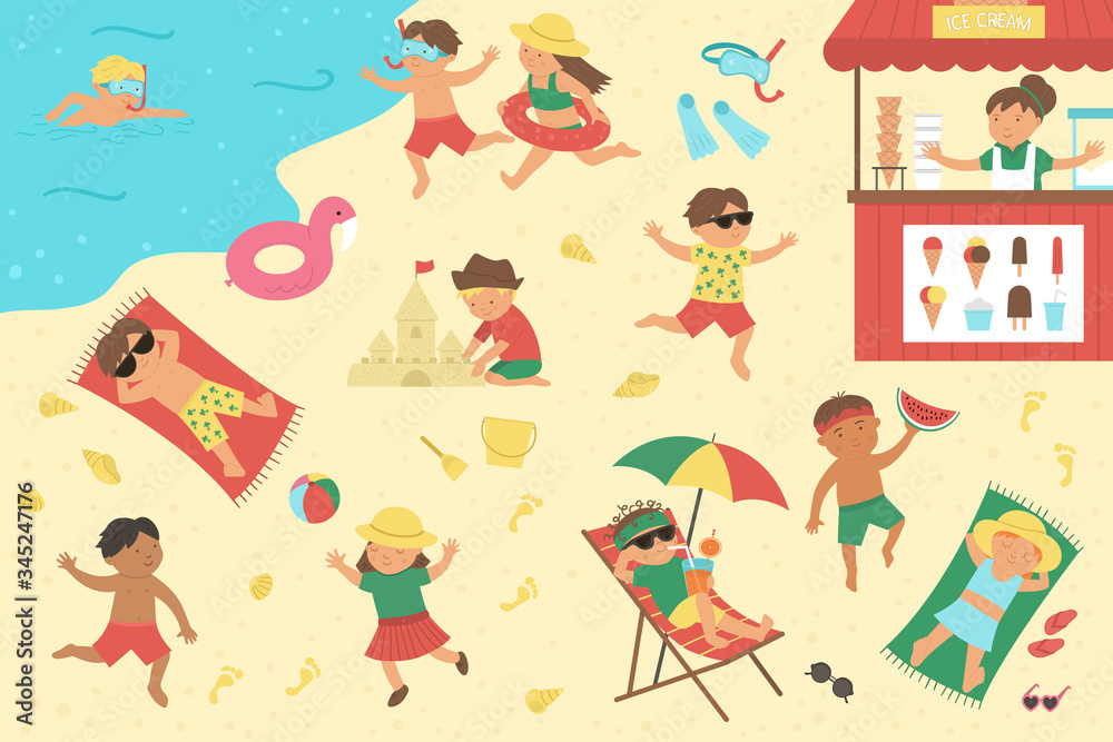 Vector scene with children playing on the beach and doing summer ...