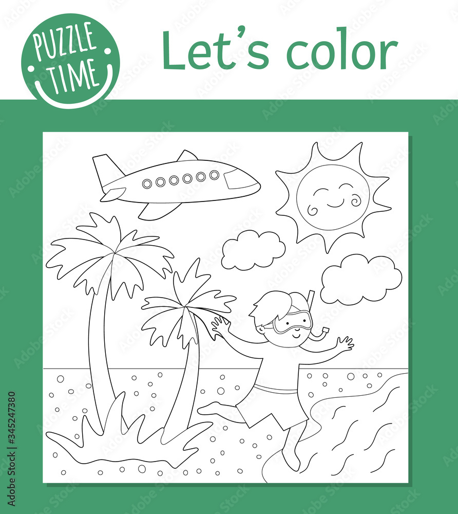 Summer coloring page for children. Cute funny kid running to the sea ...