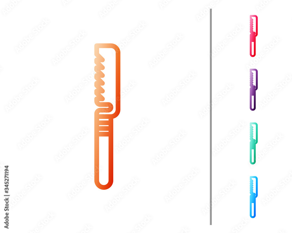 Red line Medical saw icon isolated on white background. Surgical saw ...