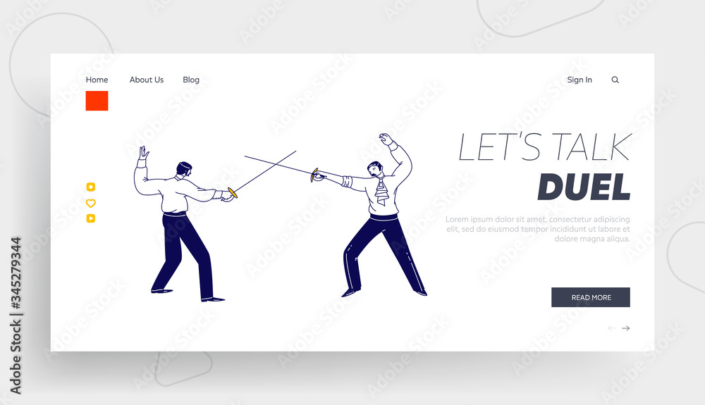 Opponents Fighting on Swords Landing Page Template. Male Characters ...